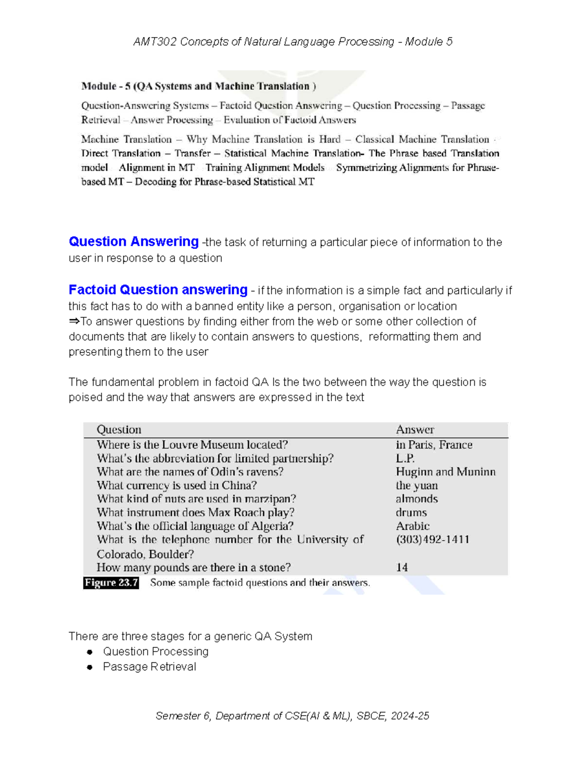 AMT302 NLP Module 5: Factoid Question Answering Techniques - Studocu