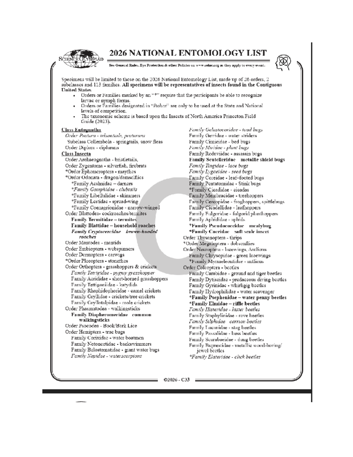 2026 National Entomology List for Science Olympiad Events - Studocu