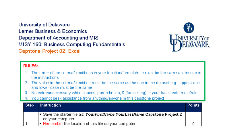 MISY 160: Capstone Project 2 - Excel Instructions and Guidelines - Studocu