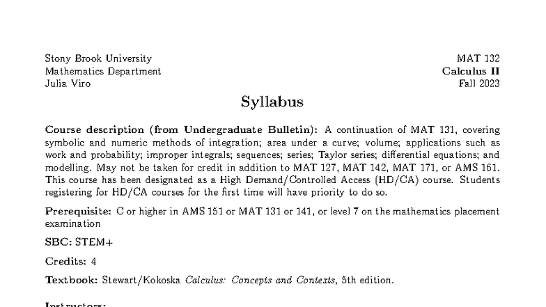 MAT 132 Calculus II Fall 2023 Syllabus - Julia Viro - Studocu