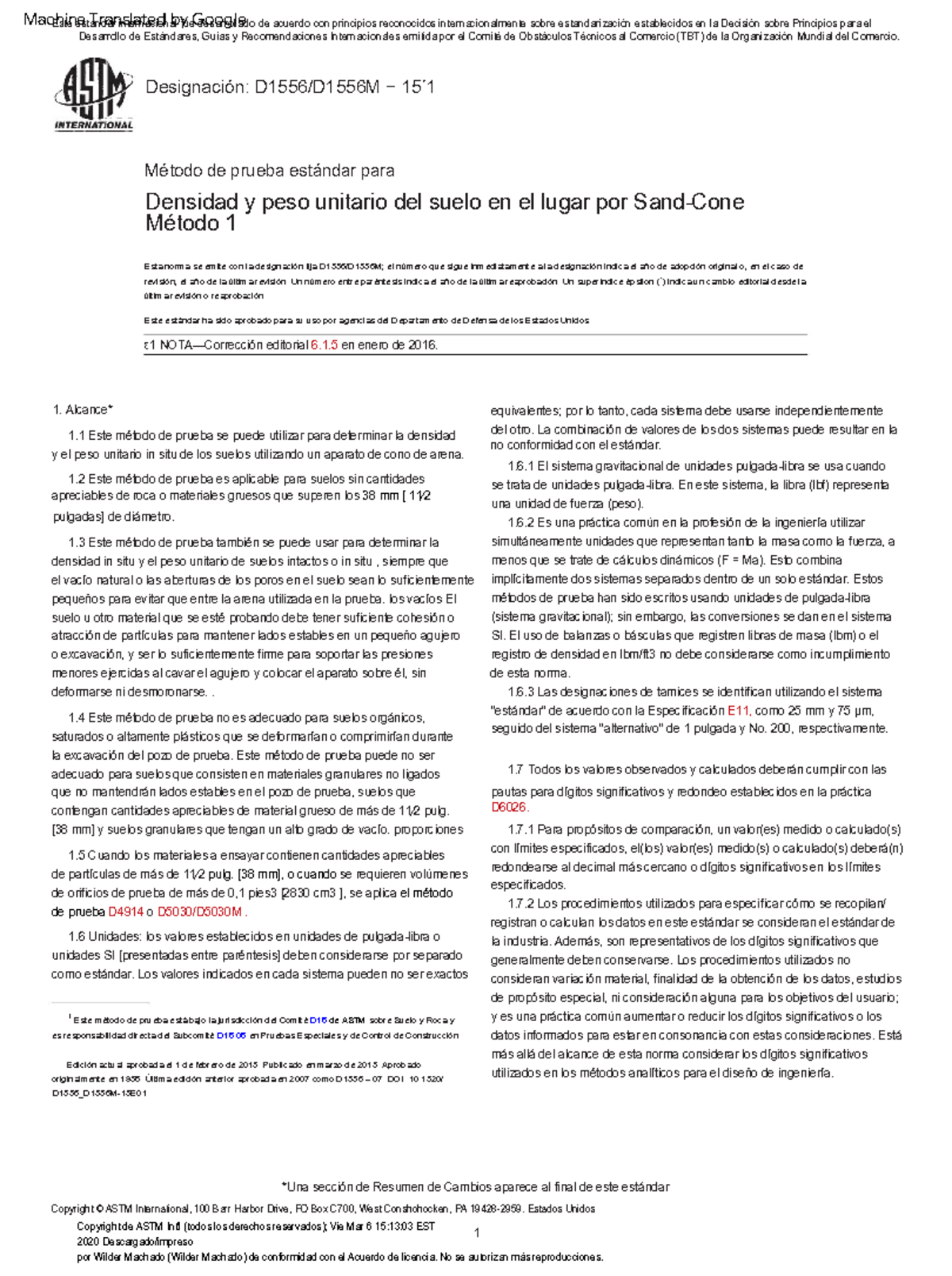 ASTM D1556 - Método de Densidad y Peso Unitario por Cono de Arena - Studocu