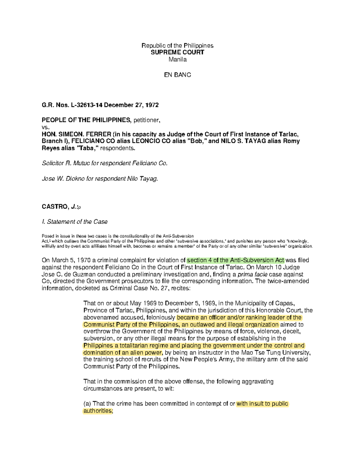 People v. Ferrer (Bill of Attainder) - G.R. Nos. L-32613-14, Dec 1972 ...