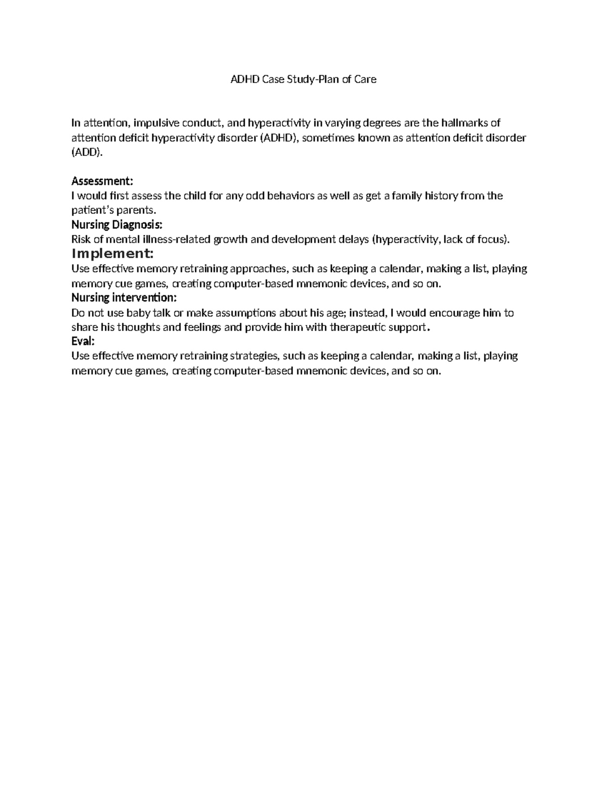 ADHD Care Plan - Case Study Analysis and Interventions - Studocu
