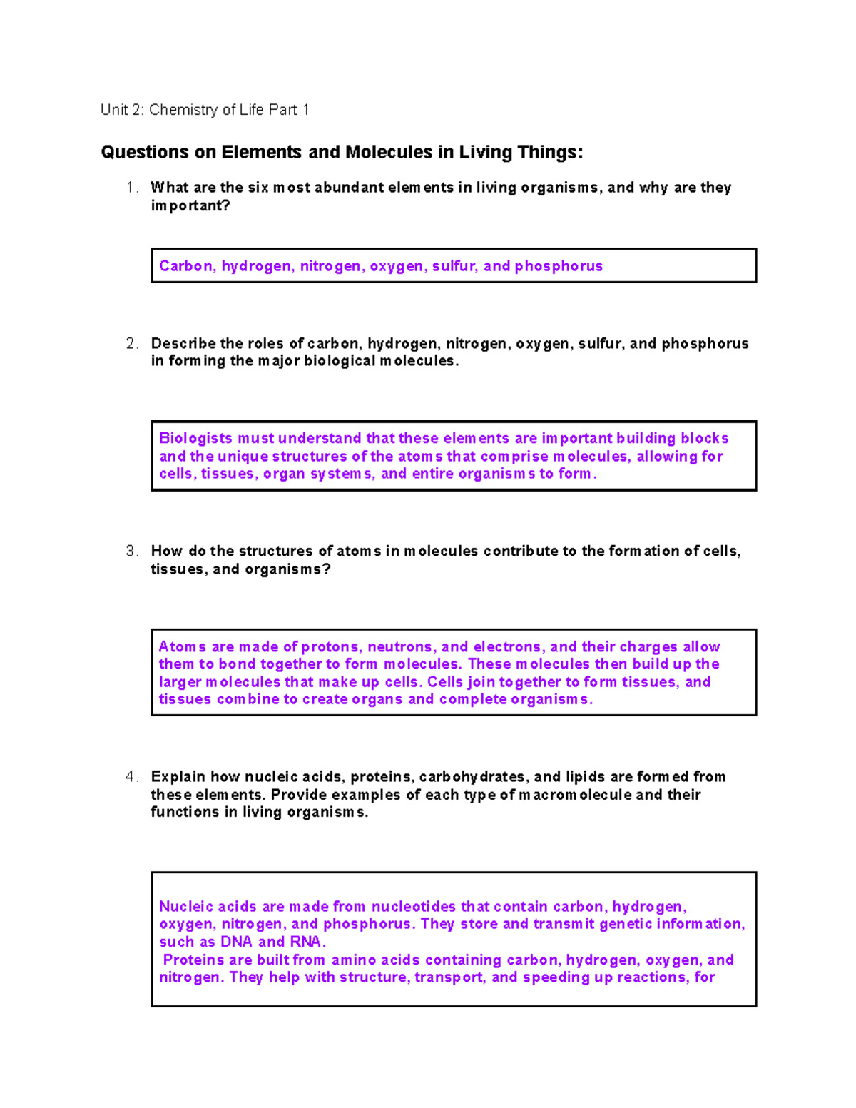 Unit 2: Chemistry of Life Part 1 Review Questions - Sandhu, Seerit ...