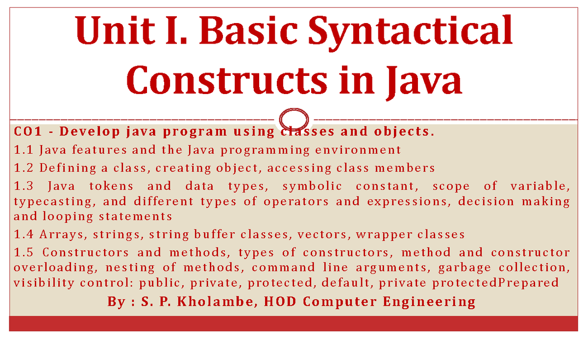 JPR CO 1: Basic Syntactical Constructs in Java - Unit I Overview - Studocu