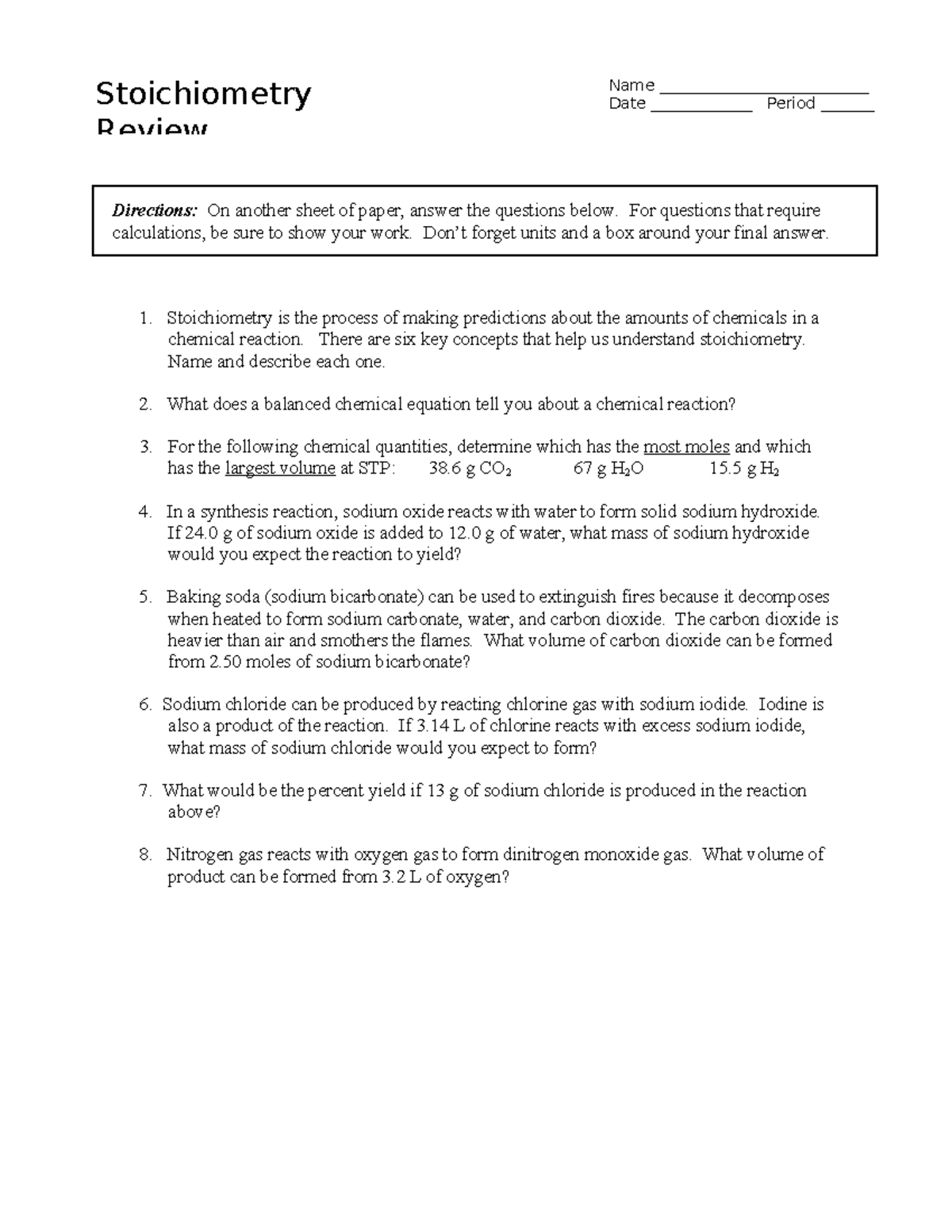 Stoichiometry Review Questions - CHEM 101 - Studocu