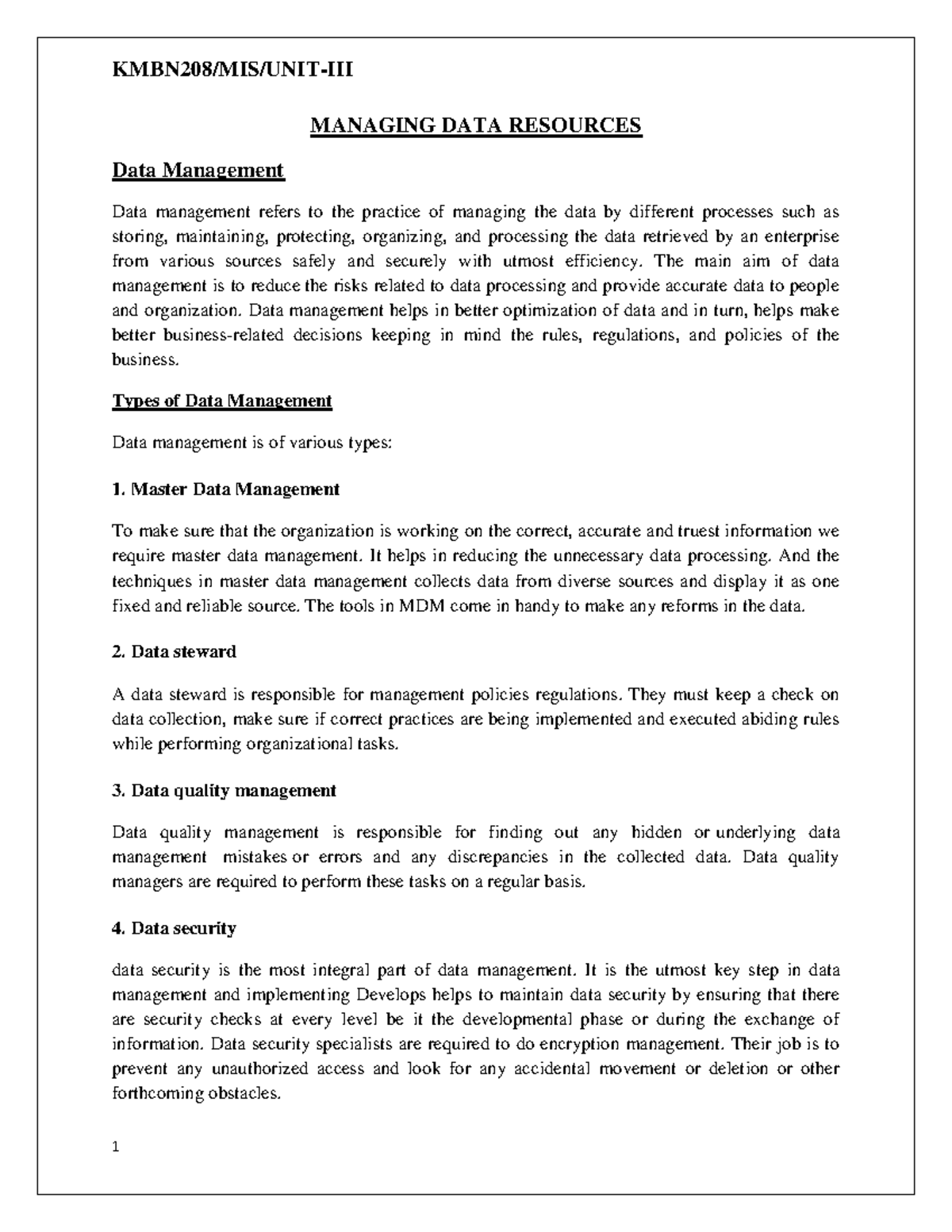 MIS UNIT-III Notes - MANAGING DATA RESOURCES Data Management Data ...