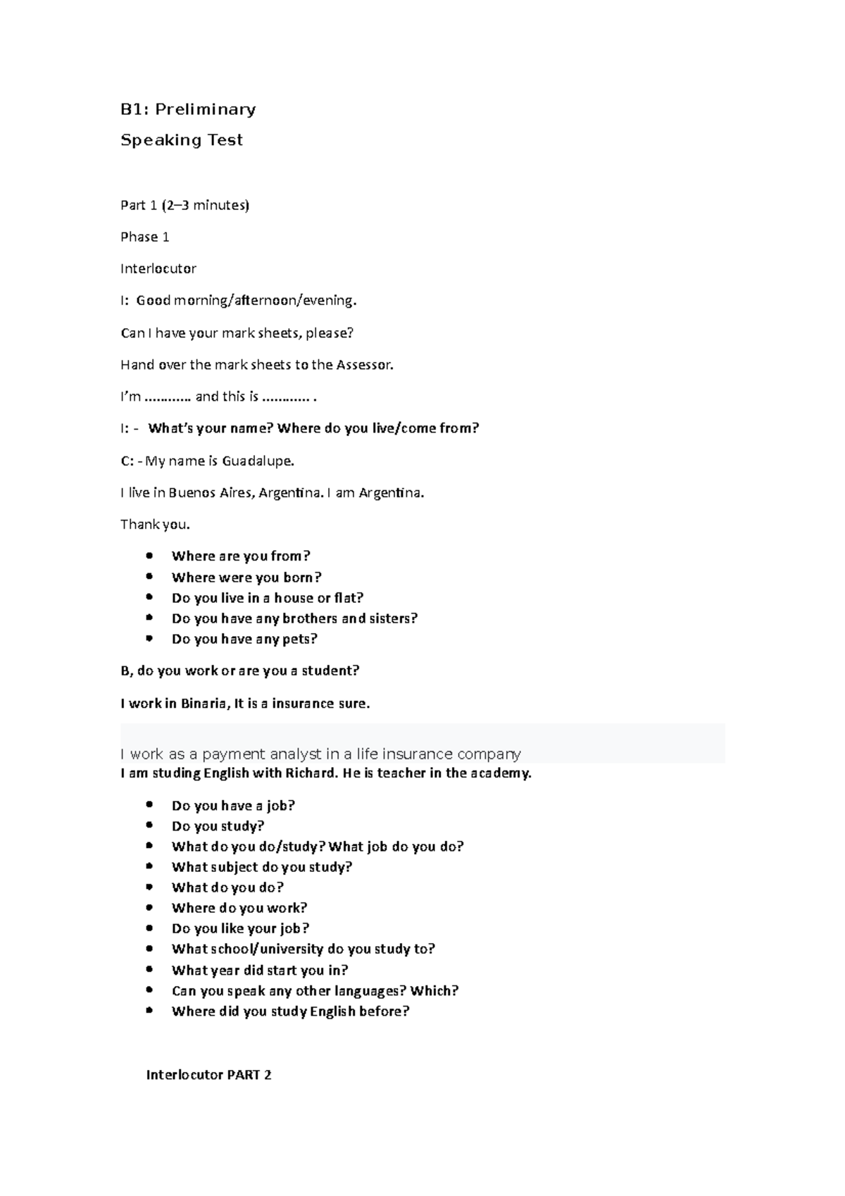 B1- Speaking - resumen oral - B1: Preliminary Speaking Test Part 1 (2–3 ...