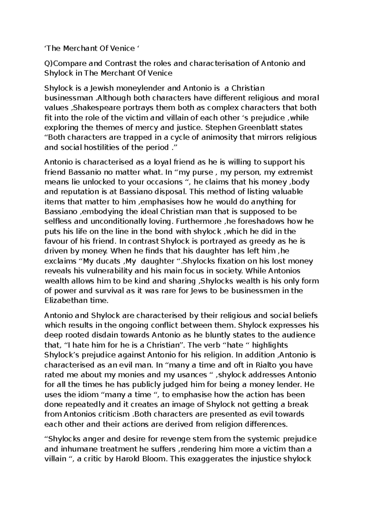 The Merchant of Venice: Comparing Antonio and Shylock's Roles - Studocu