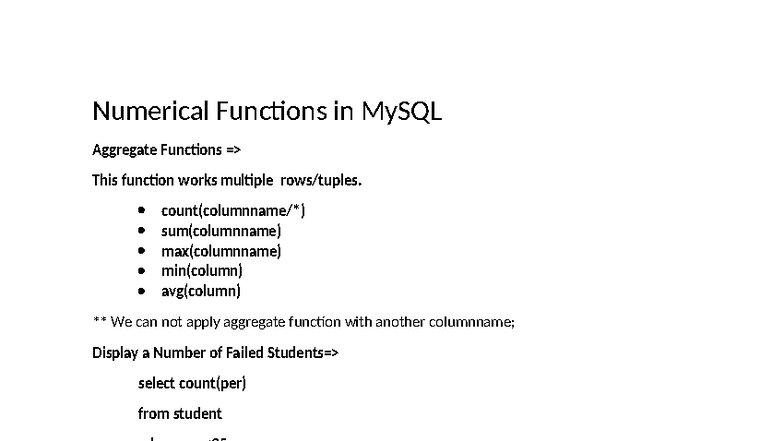 MySQL Functions: Aggregate & String Operations Guide - Studocu