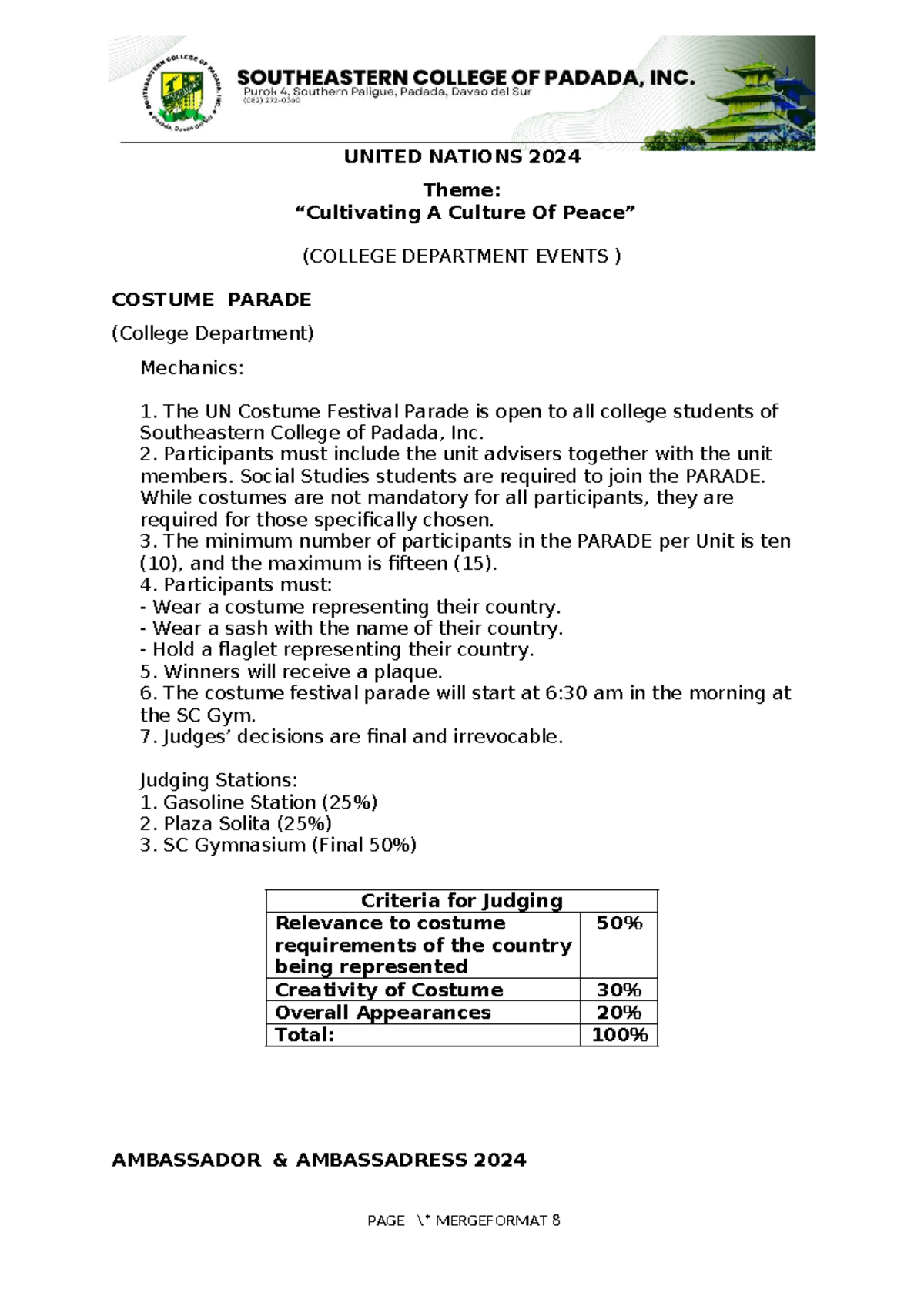 UN 2024 Costume Parade & Events Mechanics (College Dept) - Studocu