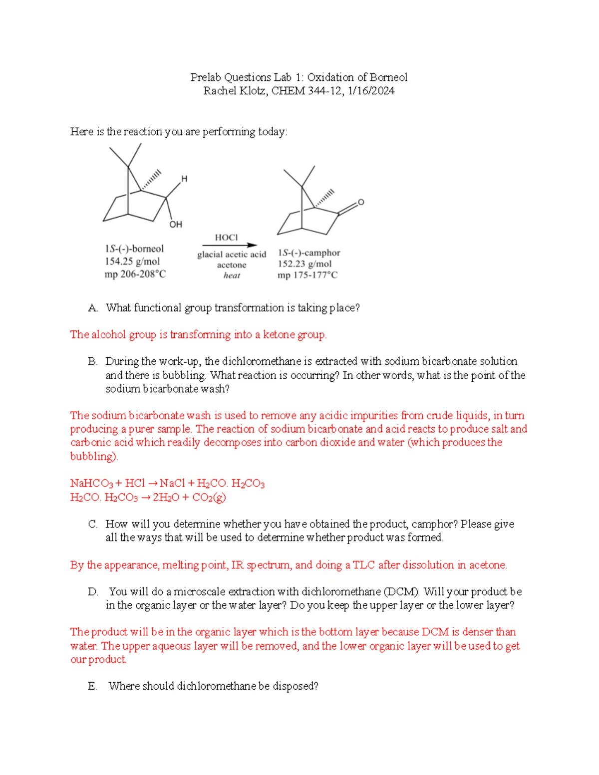 CHEM 343-11 Experiment 9: Alcohol Dehydration & GC Analysis Lab Report ...