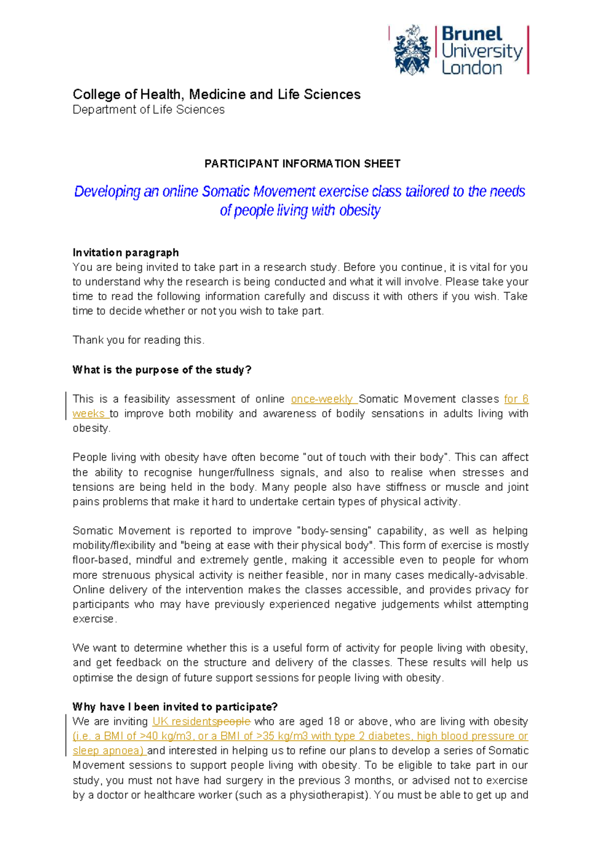 Participant Info Sheet: Online Somatic Movement Class for Obesity - Studocu