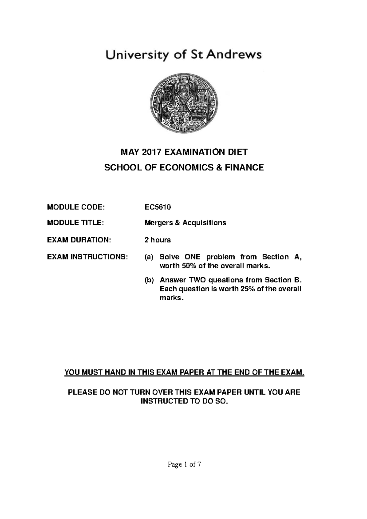 EC5610 Mergers & Acquisitions May 2017 Exam Paper - Studocu
