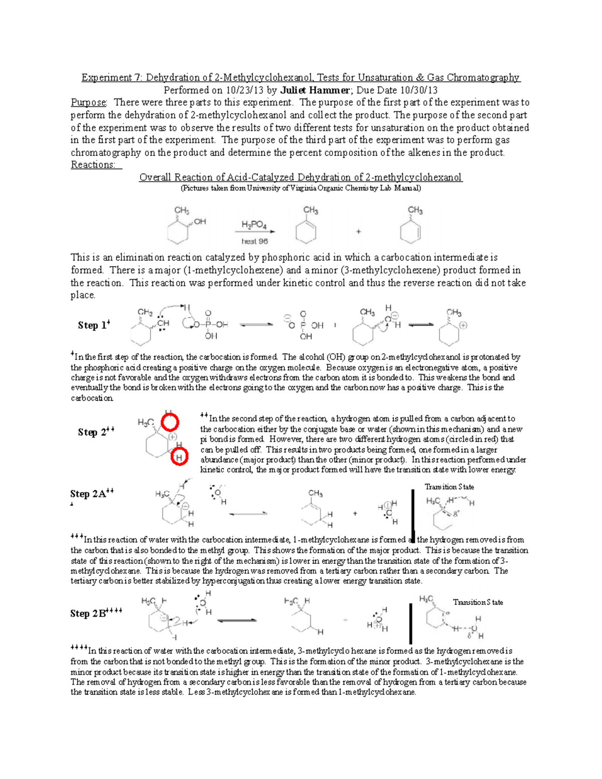 Experiment 7 Lab Report - Experiment 7: Dehydration of 2 ...