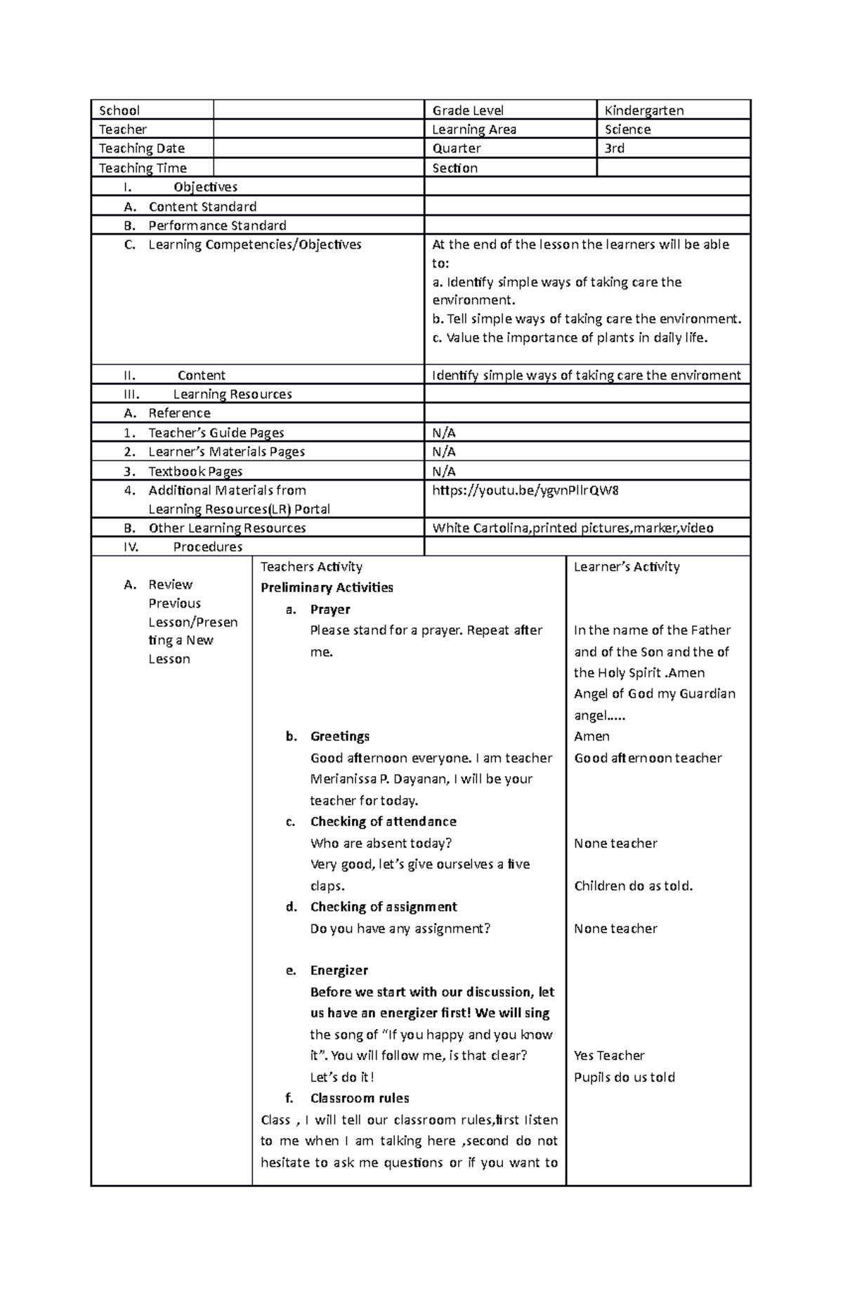 Kindergarten Science Lesson Plan: Caring for the Environment - Studocu
