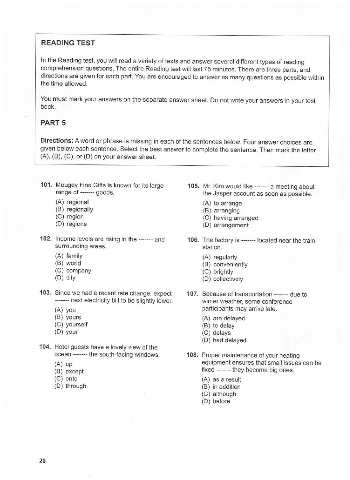 READING TEST: Comprehension Questions and Directions - Studocu