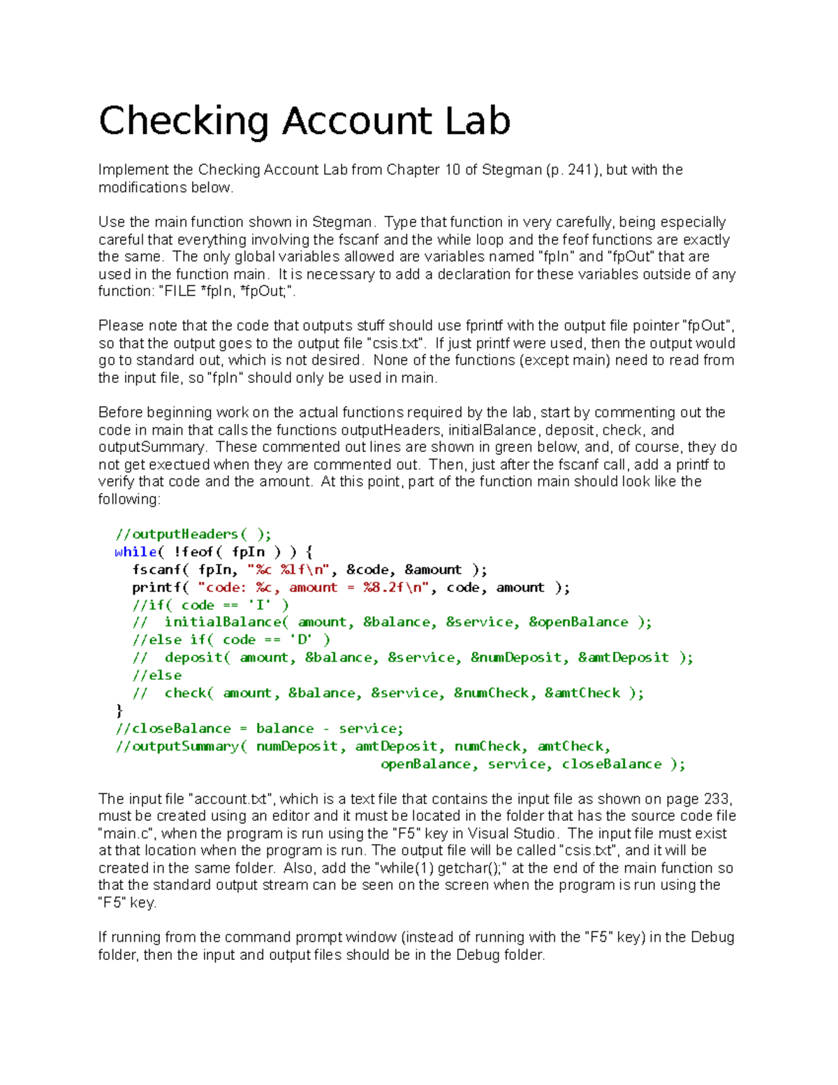 Checking Account Lab (CSIS 101): Final Coding Exercise and Testing ...