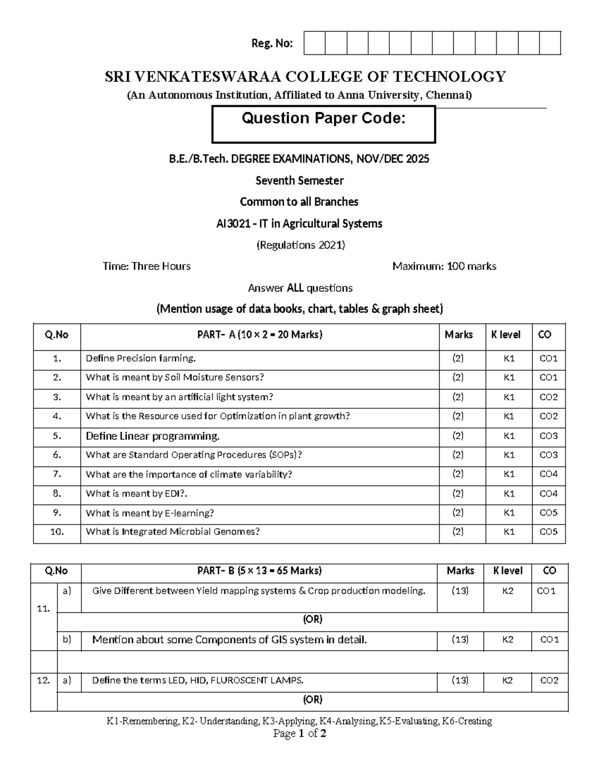 AI3021 - IT in Agricultural Systems Model Question Paper SET B - Studocu