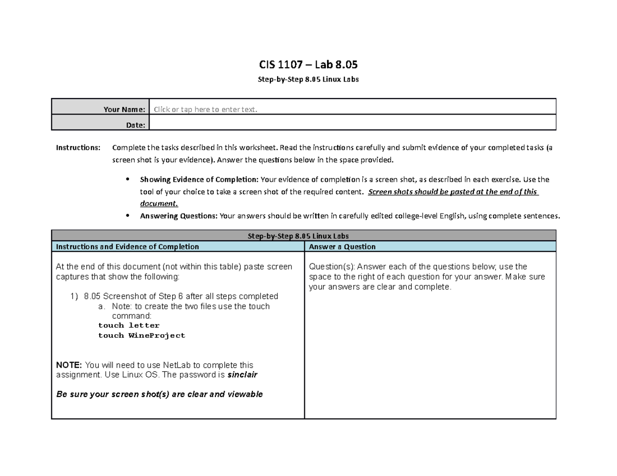 Chapter 08 Part 2 complete - CIS 1107 – Lab 8. Step-by-Step 8 Linux Labs Your Name: Click or tap ...
