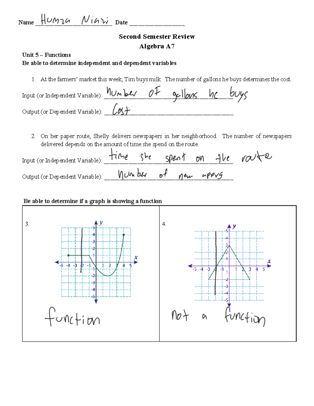 Algebra A7 Unit 5 Functions & Exponents Review Guide - Studocu