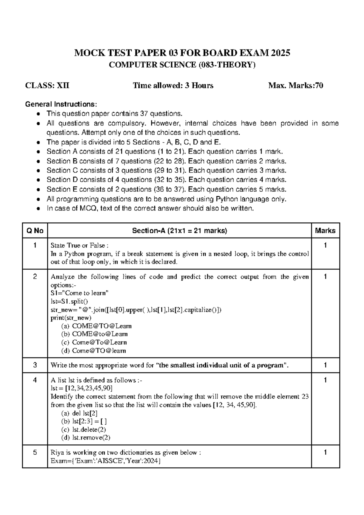 MOCK TEST PAPER 03 - COMPUTER SCIENCE CLASS XII (2025) - Studocu