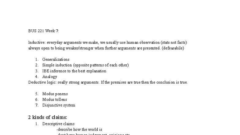 BUS 221 Week 7: Inductive and Deductive Reasoning in Arguments - Studocu