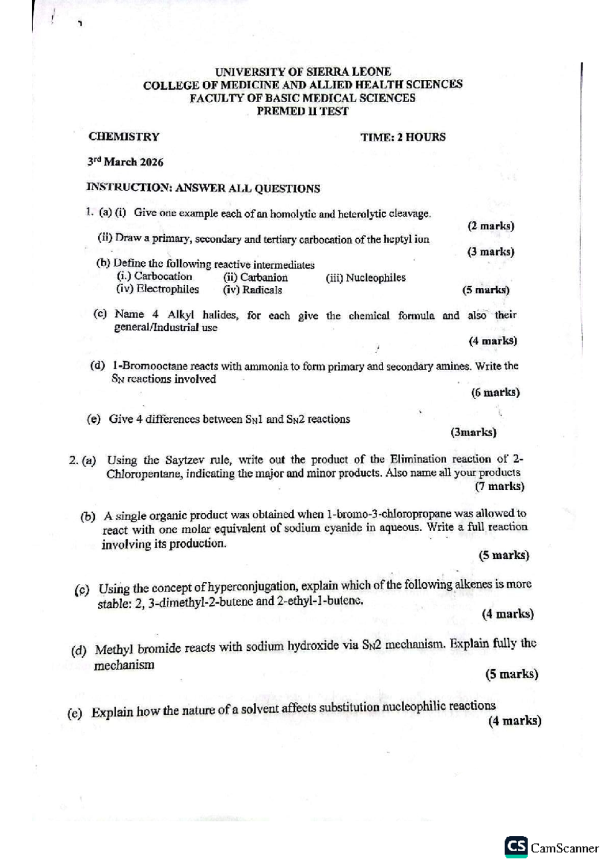 Chemistry Pre-Med II Test: Reactive Intermediates & Reactions - Studocu