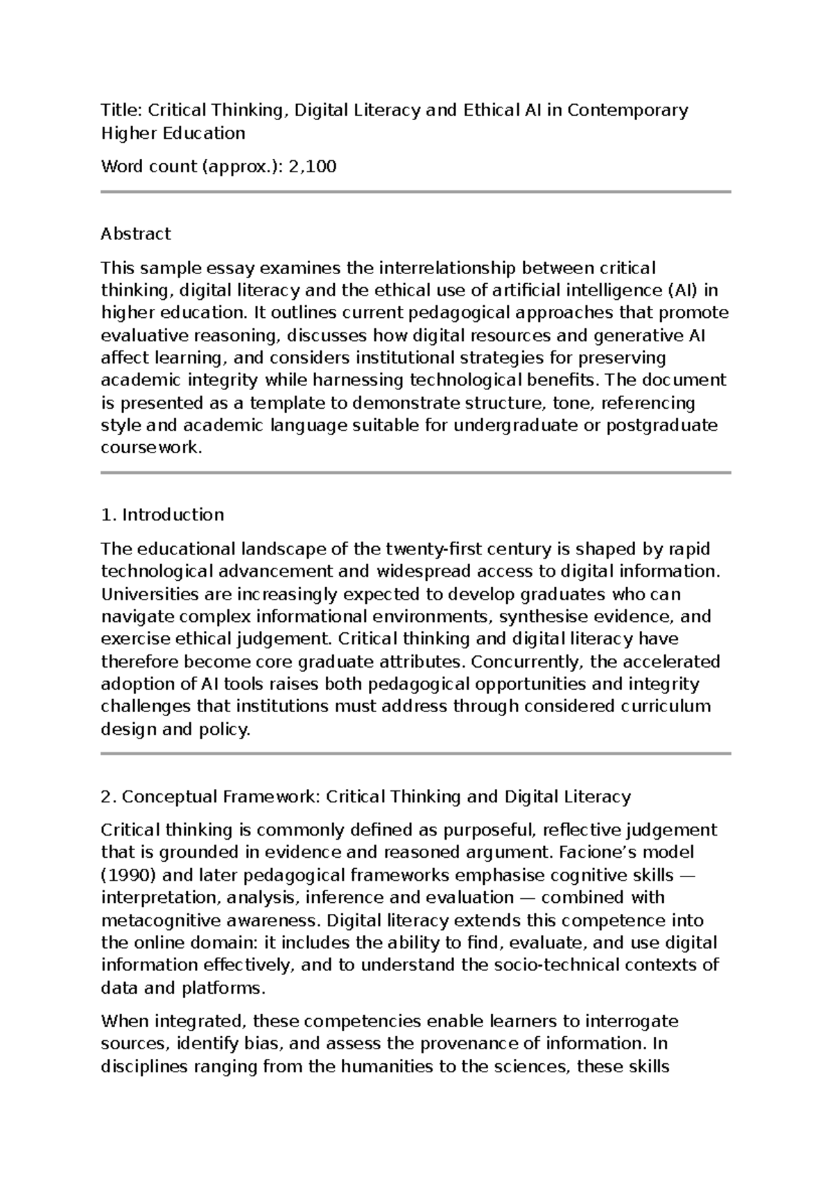 Critical Thinking, Digital Literacy & Ethical AI in HE: A Template ...