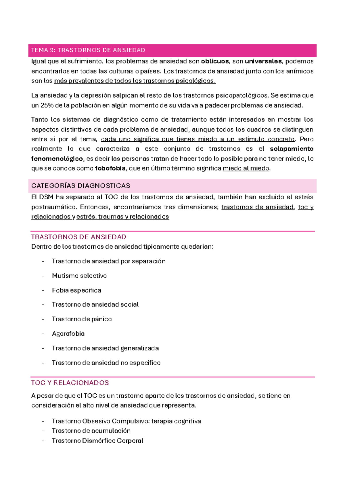 TEMA 9: TRASTORNOS DE ANSIEDAD - Análisis y Diagnóstico - Studocu
