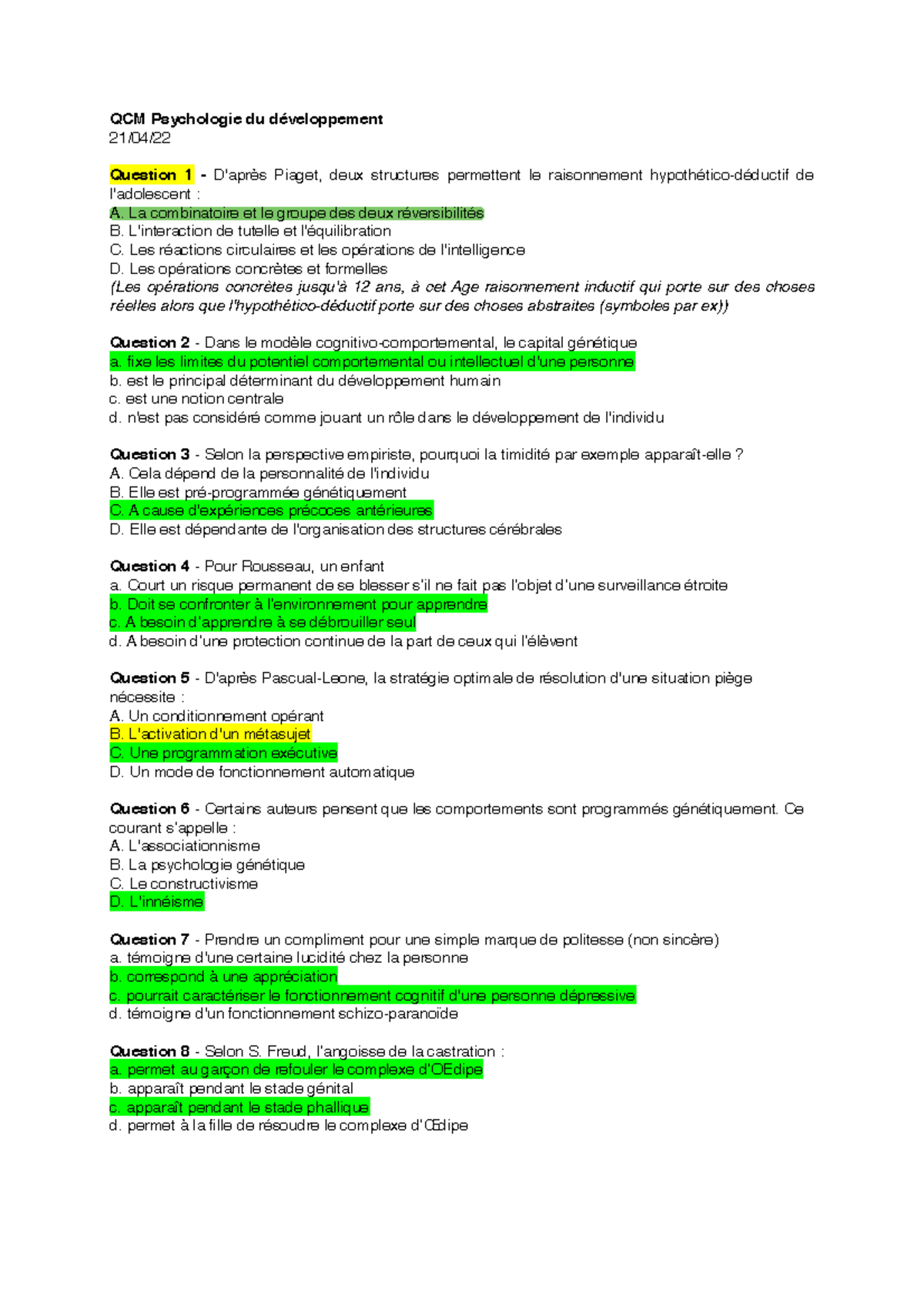 QCM Psychologie du Développement 2016-2022: Questions et Réponses - Studocu