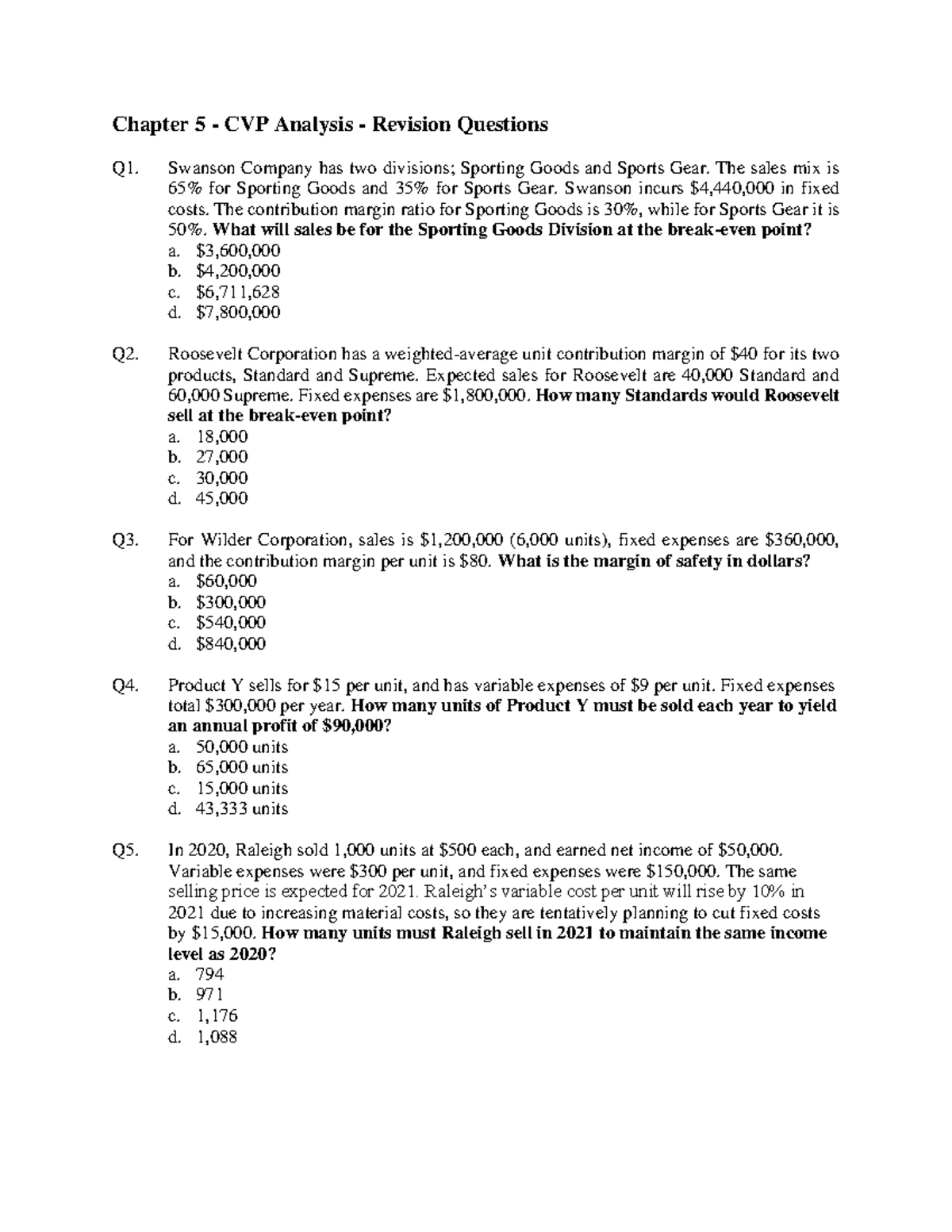 Chapter 5 CVP Analysis Revision Questions for Exam Preparation - Studocu