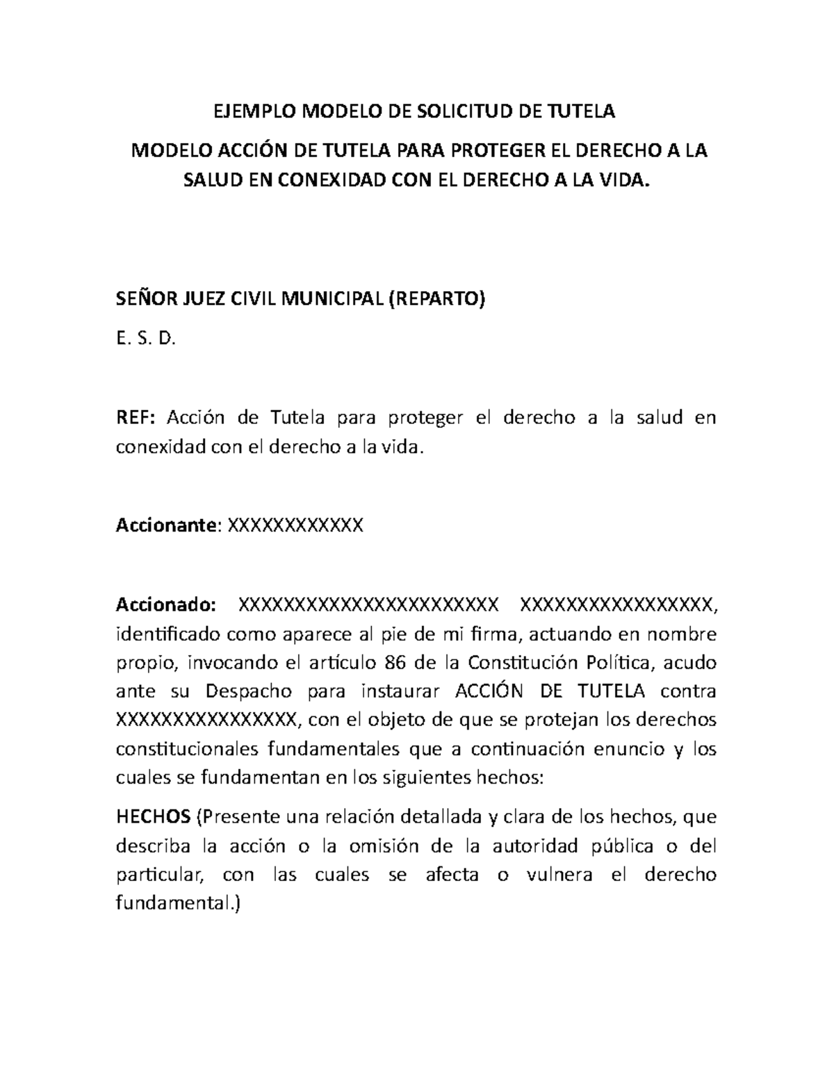 Modelo de Solicitud de Tutela para la Protección de Derechos - Studocu