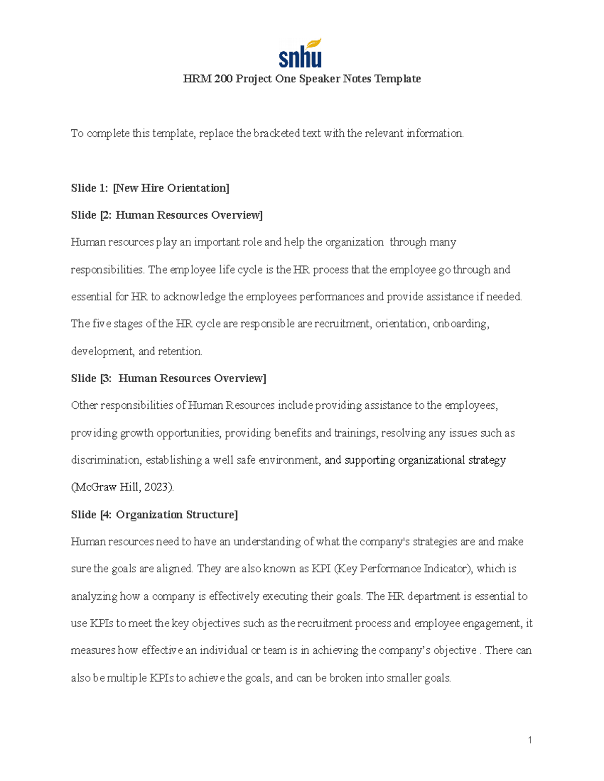 HRM 200 Project One Speaker Notes: Human Resources Overview and ...