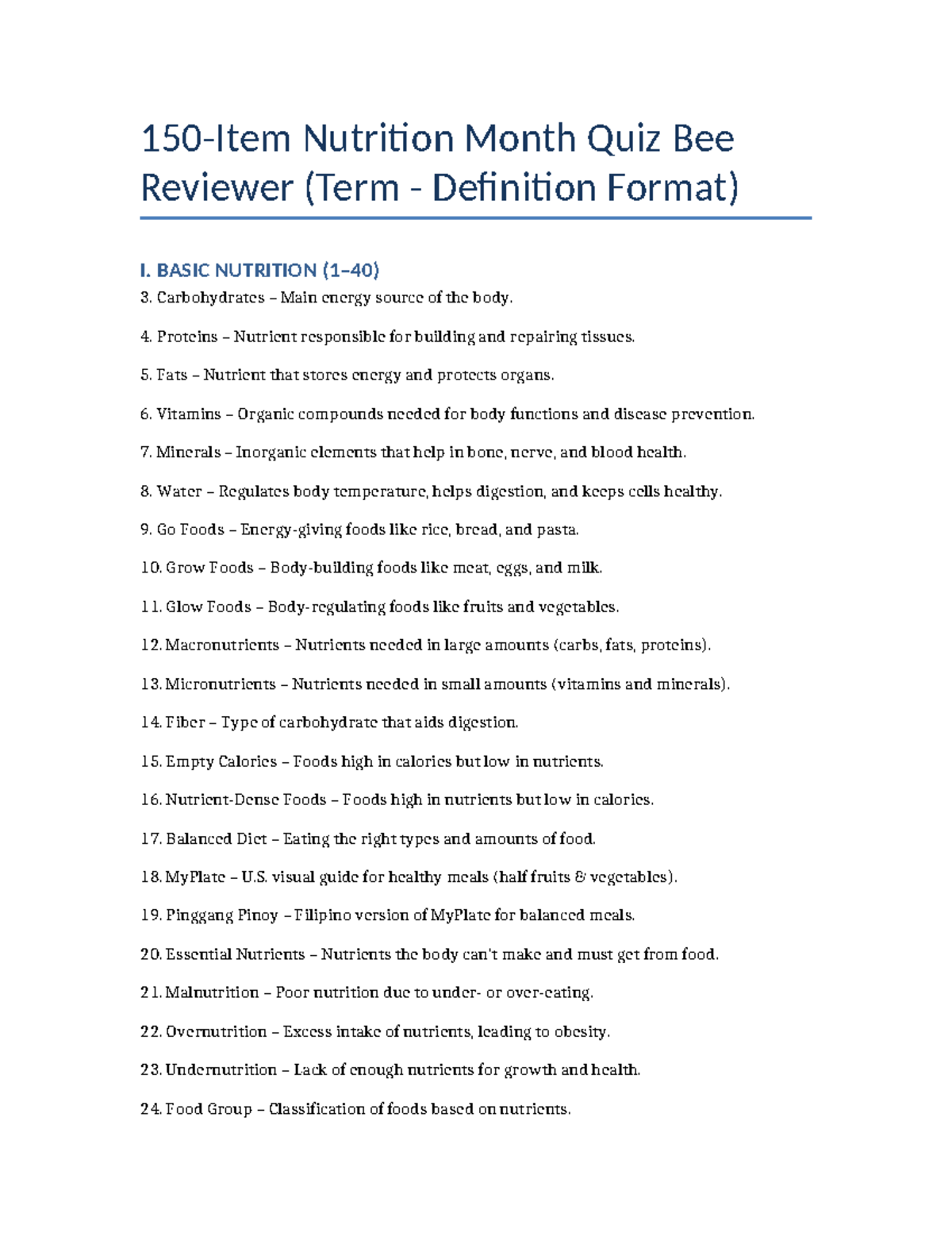 Nutrition Month Quiz Bee Reviewer: Key Terms & Concepts - Studocu