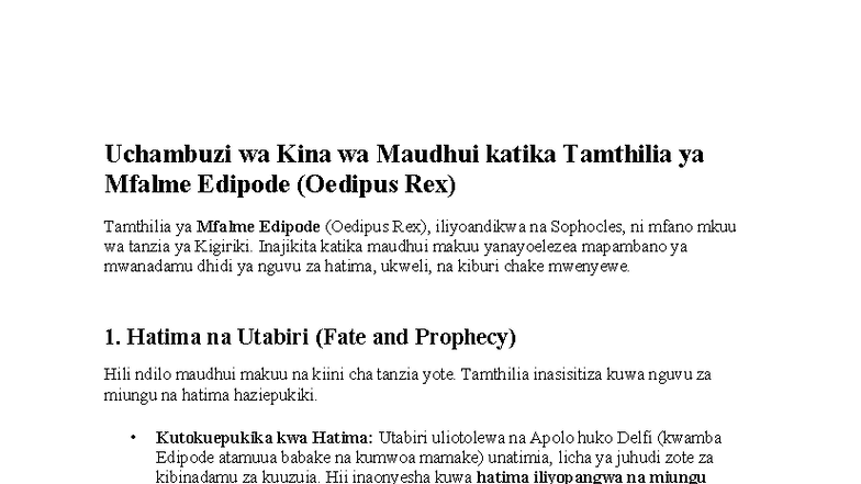 Uchambuzi wa Maudhui katika Tamthilia ya Mfalme Edipode (Oedipus Rex ...