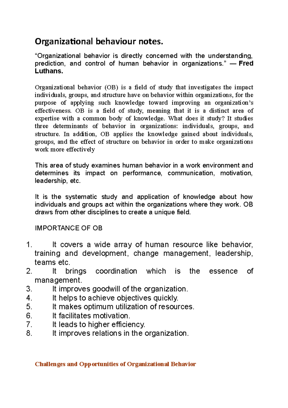 Organizational Behavior Notes: Understanding Human Dynamics in ...