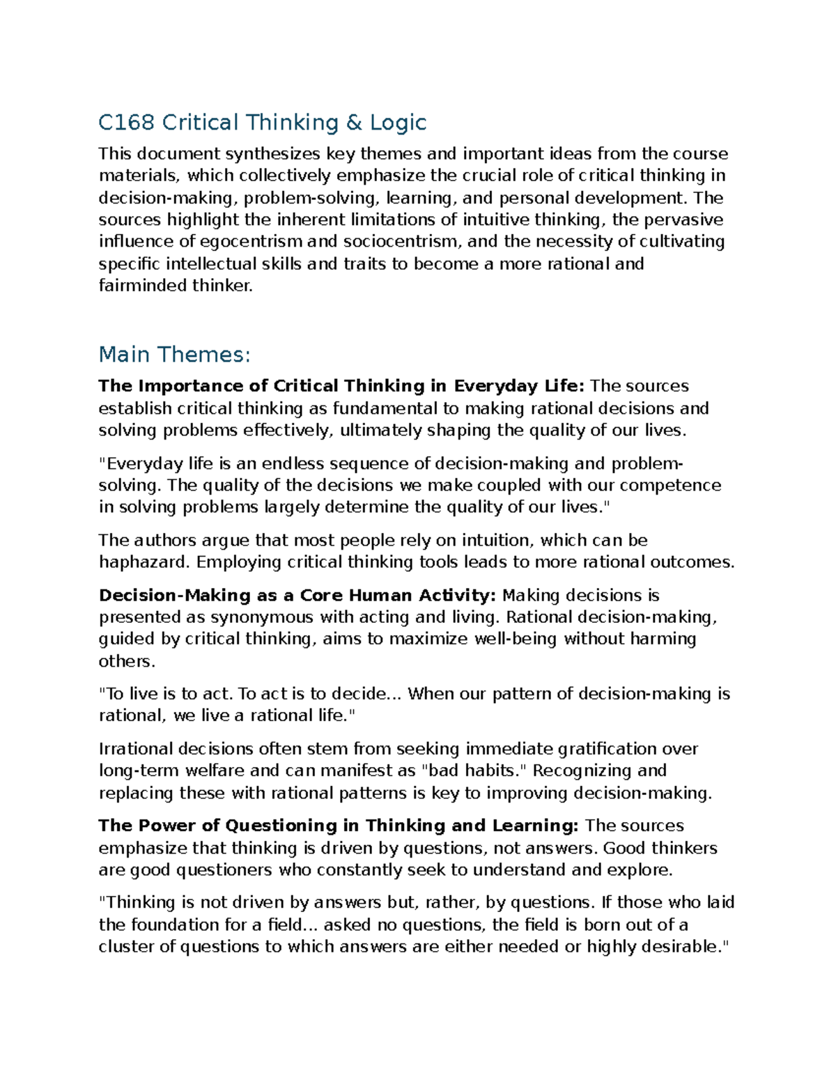 C168 key points and themes in critical thinking and logic - Studocu