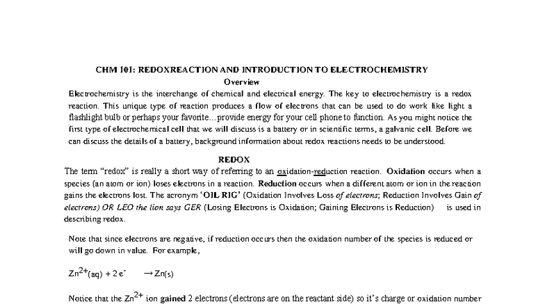 CHM 101: Overview of Redox Reactions & Electrochemistry Concepts - Studocu