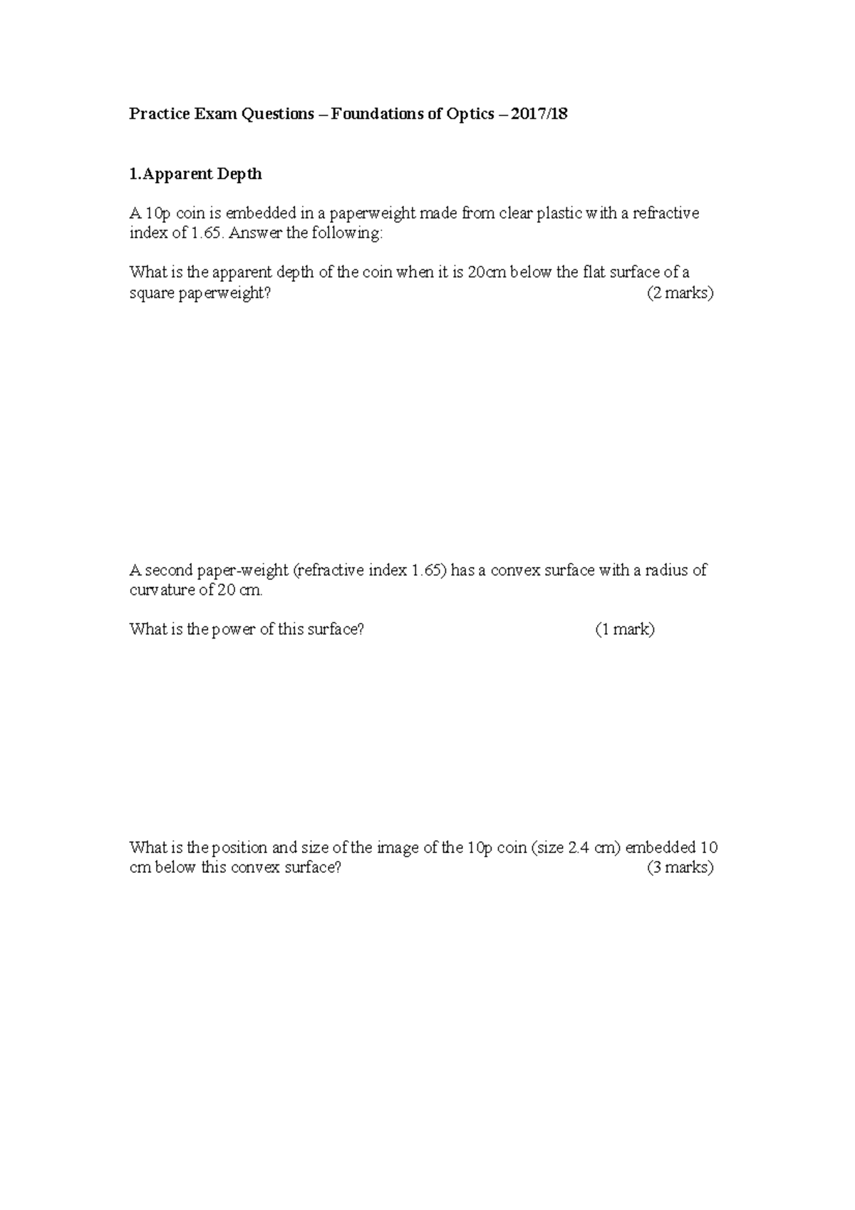 Practice Exam questions Foundations of optics - Practice Exam Questions ...