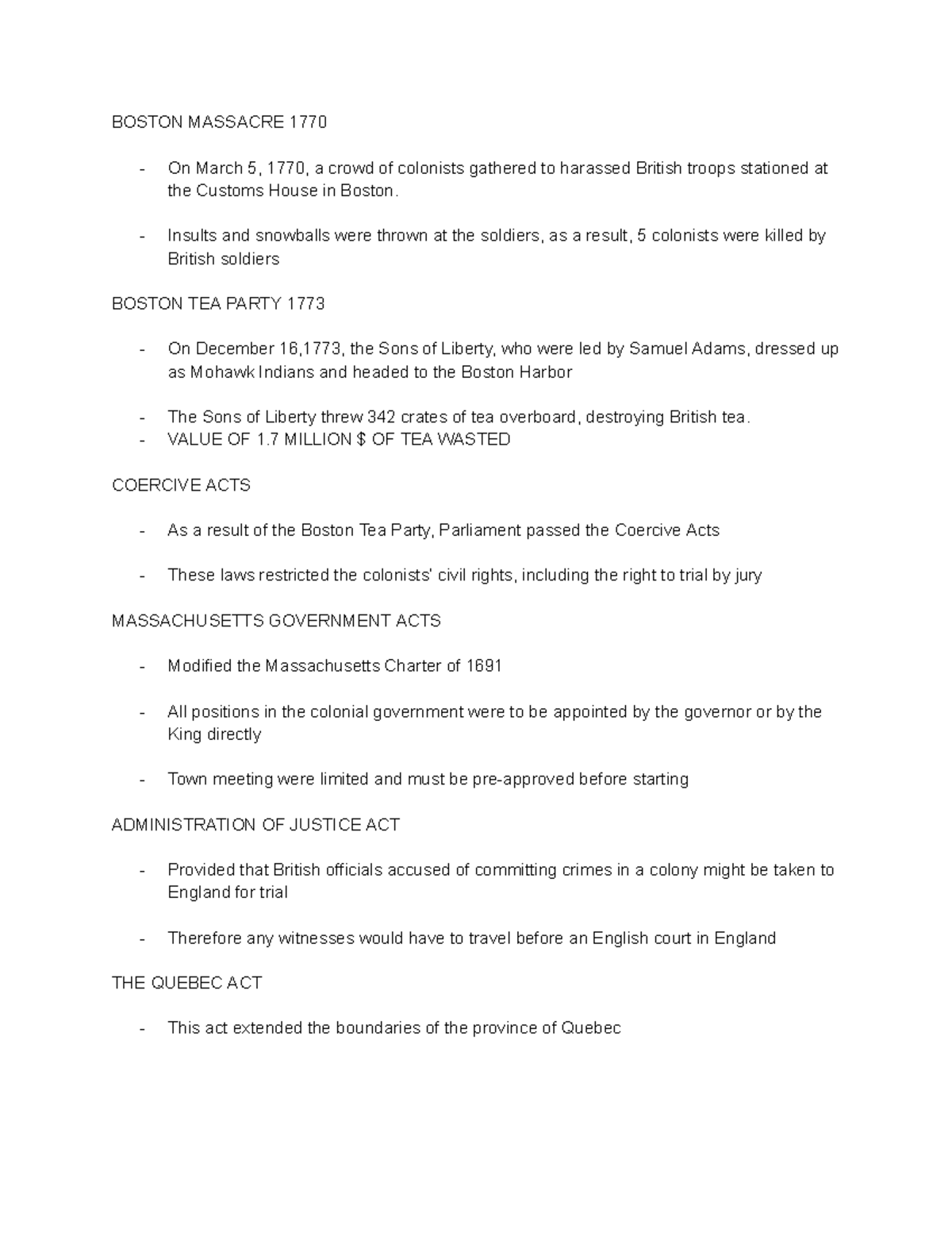 Historical Events: Boston Massacre & Tea Party (1770-1773) - Studocu