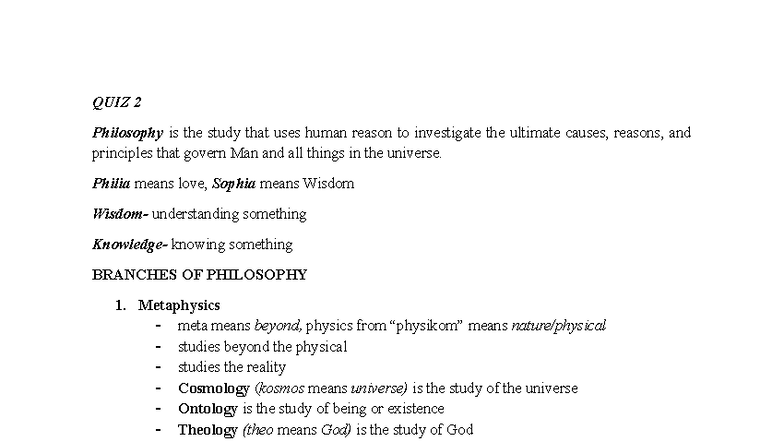 QUIZ 2 PHIL 101: Overview of Philosophy and Ethics - Studocu