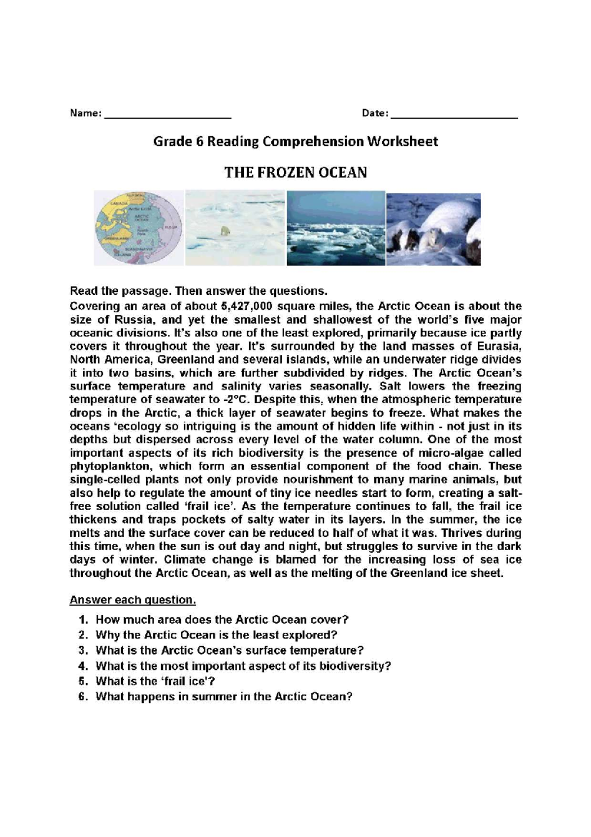 Grade 6 Reading Comprehension: The Frozen Ocean Worksheet - Studocu