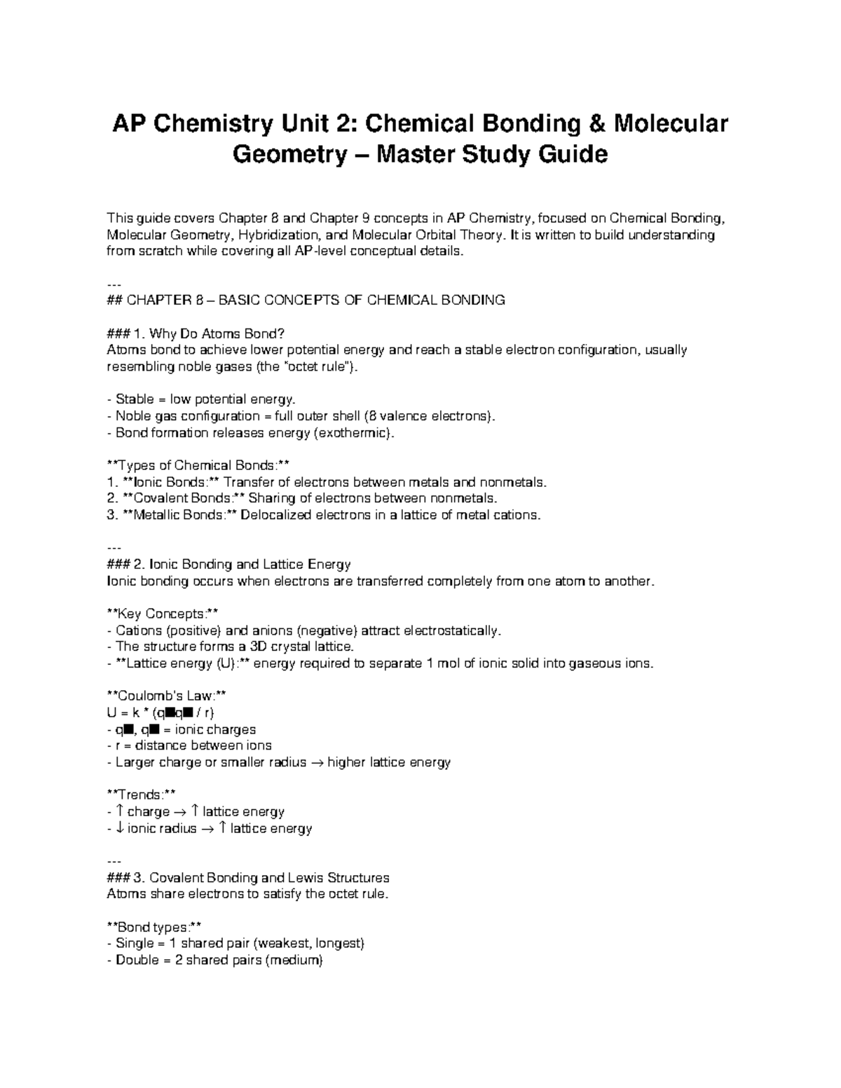 AP Chemistry Unit 2: Chemical Bonding & Molecular Geometry Study Guide ...