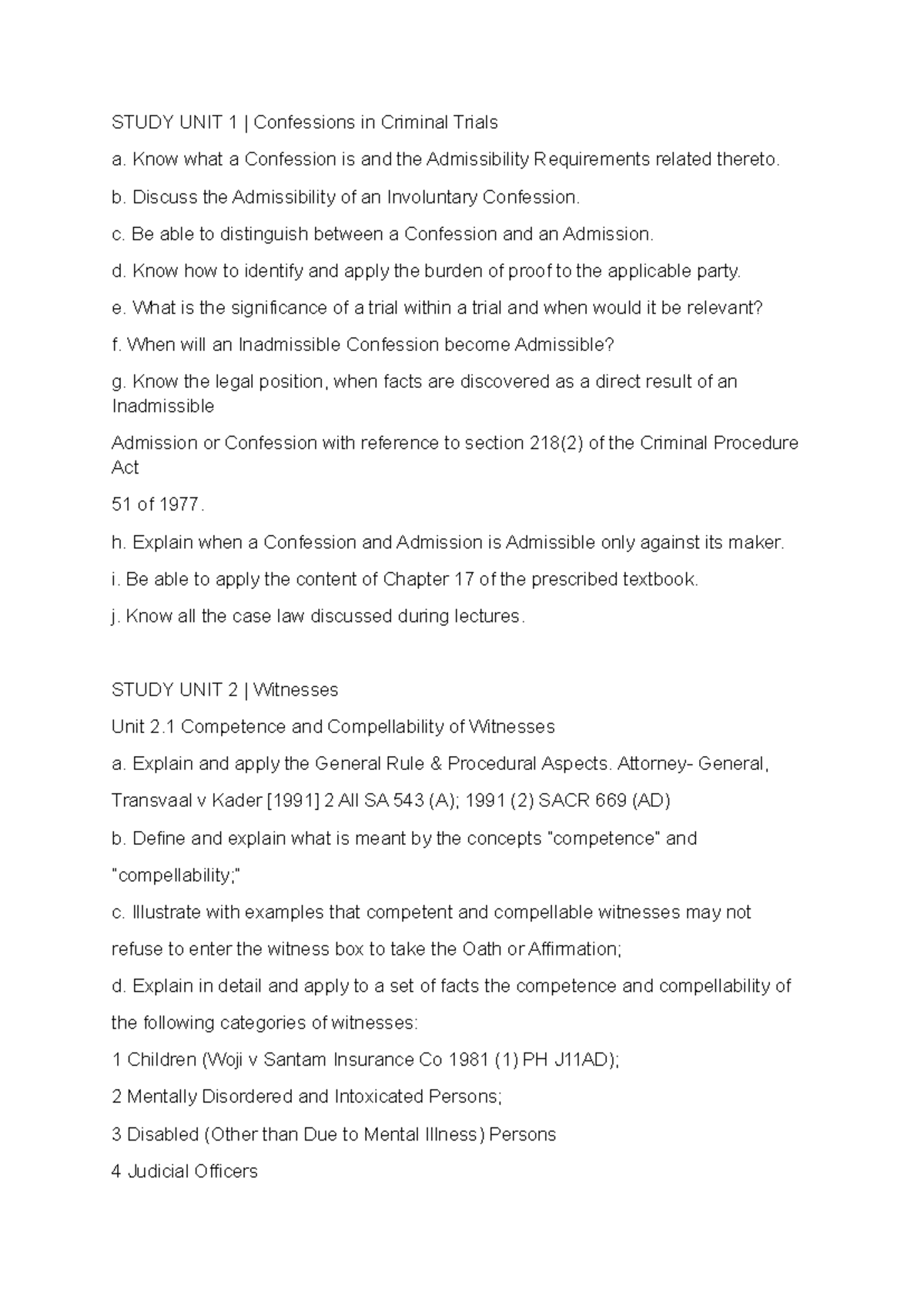 Criminal Law Study Unit 1: Confessions & Witnesses Overview - Studocu