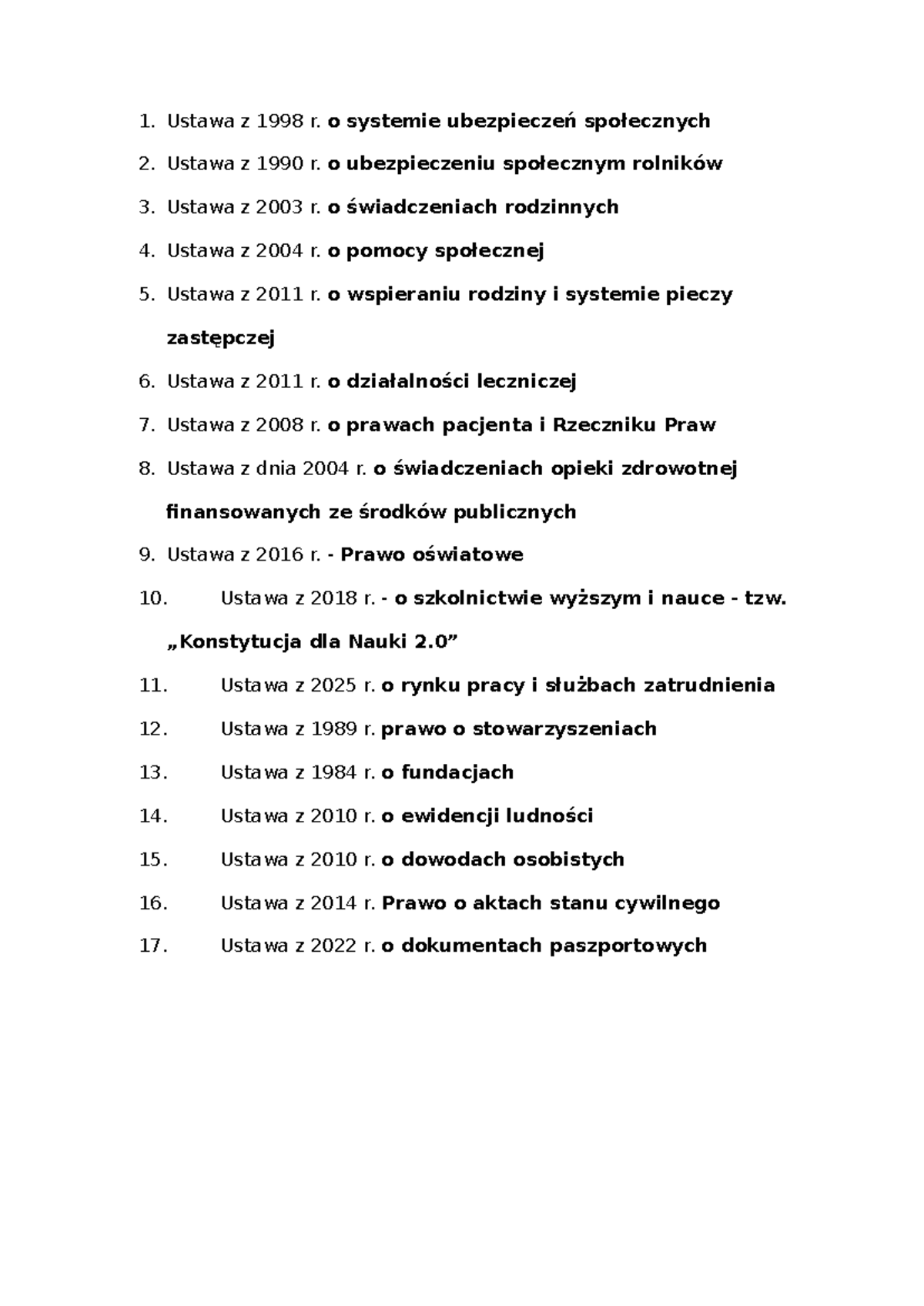 Spis Ustaw do MAJ - 1998-2022 r. - Studocu