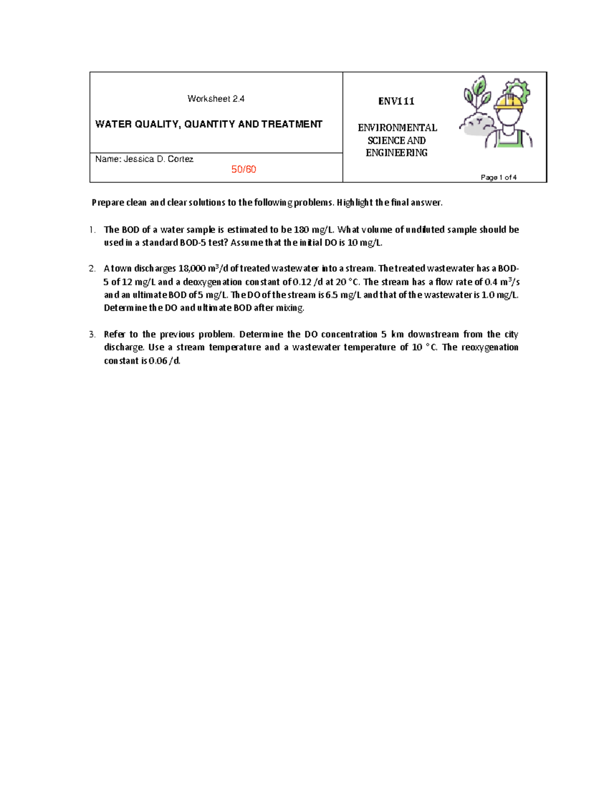 ENV111-WS-2 - Water Quality Worksheet for Environmental Science - Studocu
