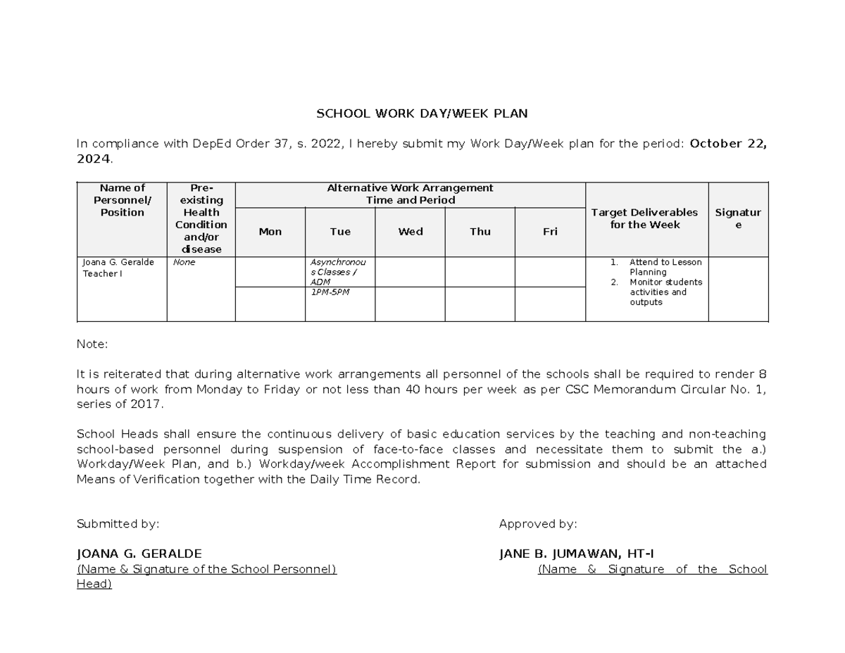 Work Week Plan and Accomplishment Report Templates - SCHOOL WORK DAY ...