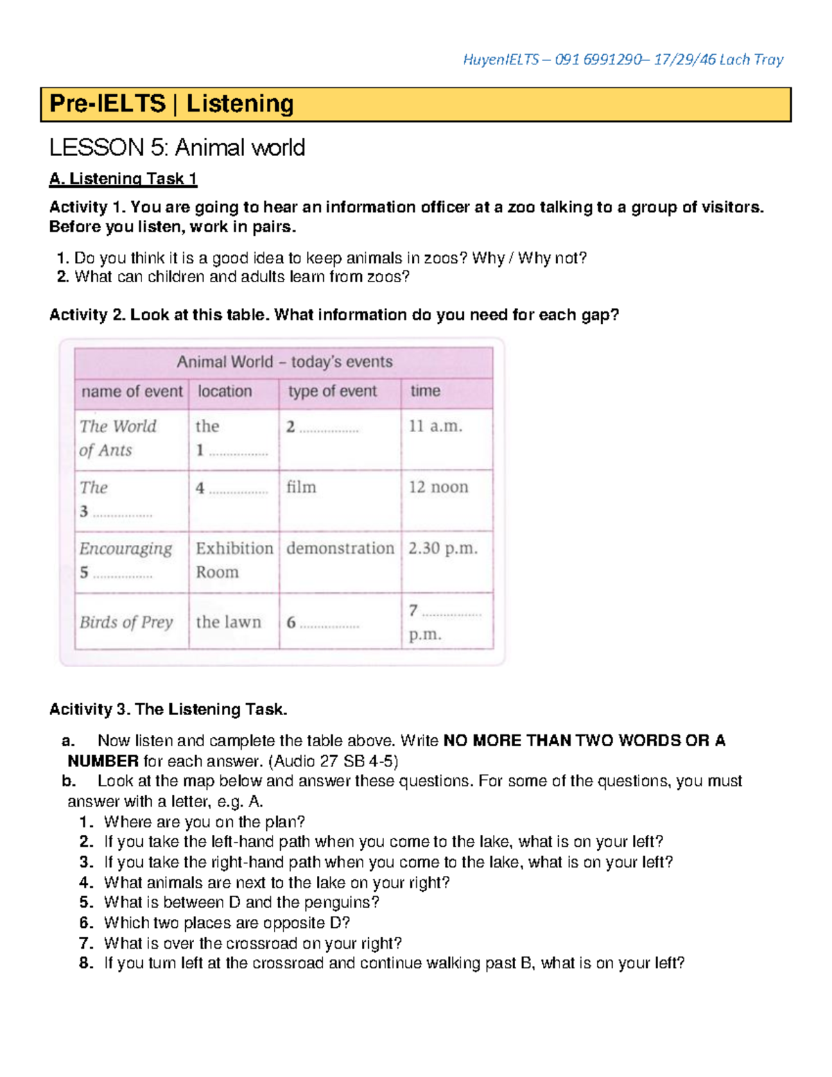 Lesson 5: Pre-IELTS Listening on Animal World and Zoo Discussions - Studocu