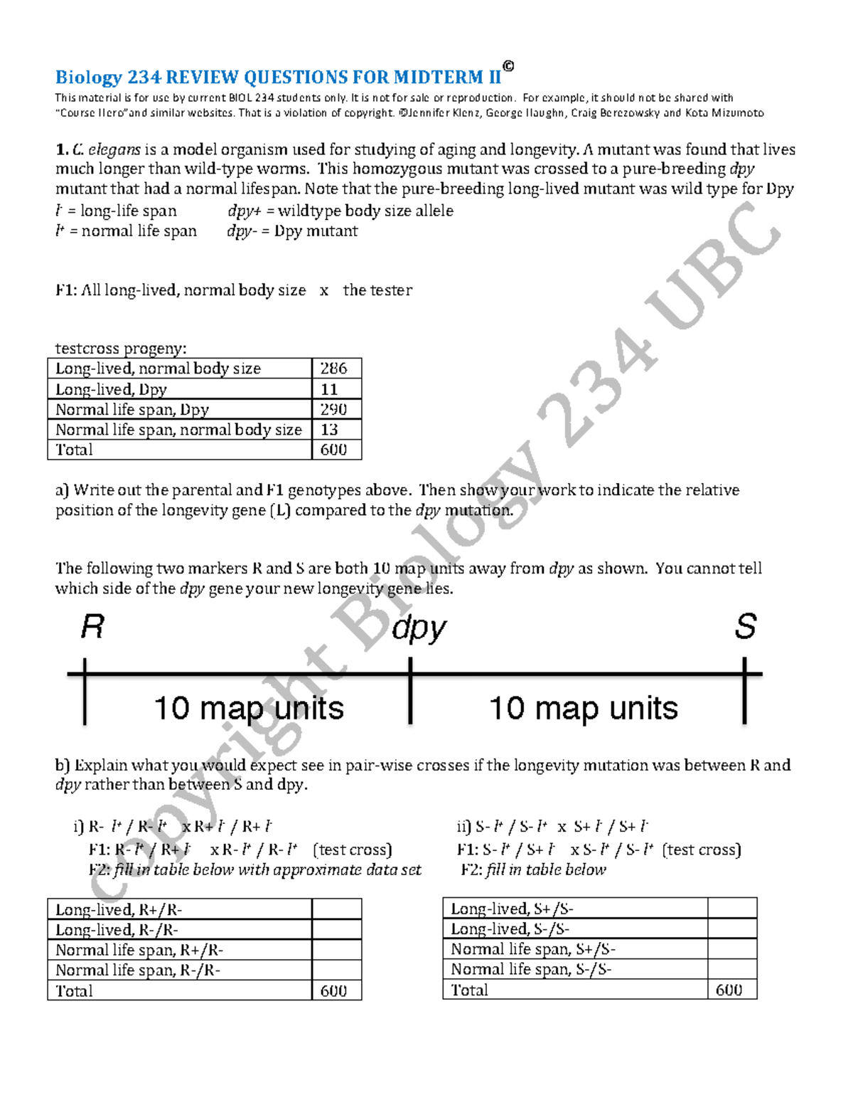 234 Midterm II review problems - Biology 234 REVIEW QUESTIONS FOR MIDTERM II © This material is ...